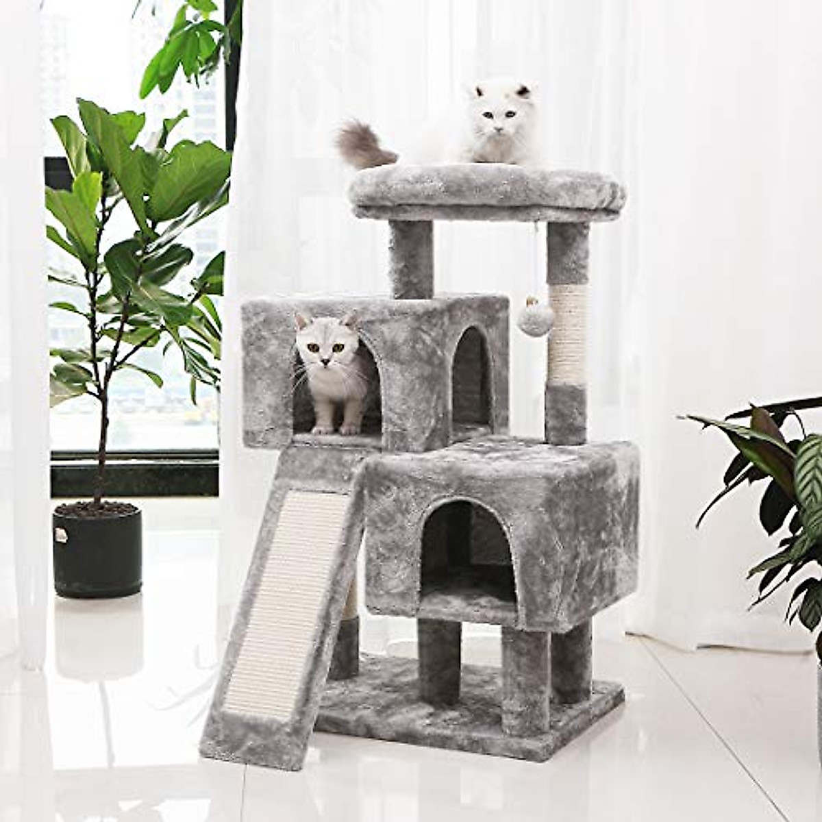 BEWISHOME Cat Tree Condo with Sisal Scratching Posts, Scratching Board, Plush Perch and Dual Houses, Cat Tower Furniture Kitty Activity Center Kitten Play House, Light Grey MMJ10G