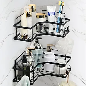 HappyHapi 2 Pack Corner Shower Caddy,No Drilling Strong Adhesive Shower Organizer Shelf Waterproof Rustproof Wall Mounted Shower Shelf with 8 hooks for Bathroom, Toilet, Kitchen, and Dorm