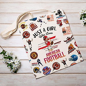 SUNFYCN Just a Girl who loves American Football Tote Bag, Football Lovers Gift Bag, Tote bag Gifts for Girl Women Reusable Grocery Beach Shopping Shoulder Bags13ST012