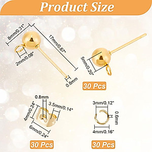 UNICRAFTALE 30pcs Gold Ball Post Stud Earrings Stainless Steel Stud Earring Post with Loop Ear Nut Metal Earring Post Findings with Ear Nuts for DIY Dangle Jewelry Making Findings