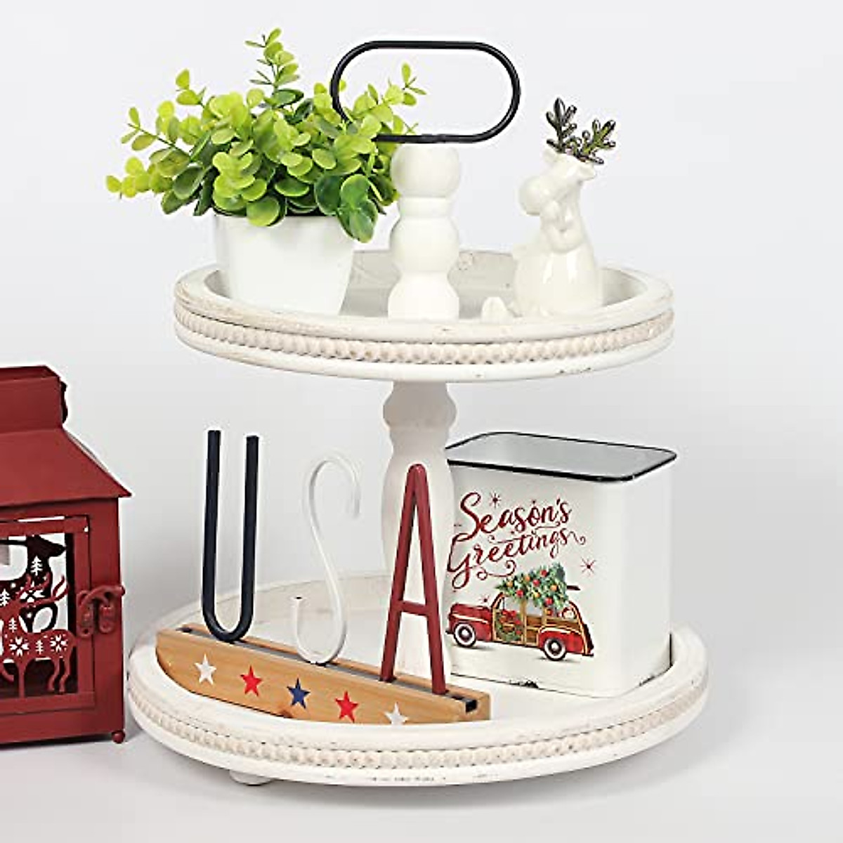 Carah&Cossh Distressed White Wood Two-Tier Tray with Metal Handle, Two Tier Stand with Beads，Farmhouse 2 Tier Serving Tray for Coffee Bar, Kitchen Counter, Dining Room Table(White)