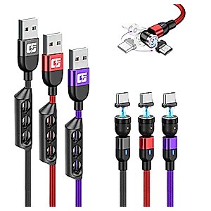 CinchForce 540 Degree Magnetic 3-in-1 Data/Charging Cable with Magnetic Adapters and Storage Compartment, Compatible with Type-C, iProduct, Micro-USB, Updated for 2020-3 Pack (6.6ft/3.3ft/1.6ft)