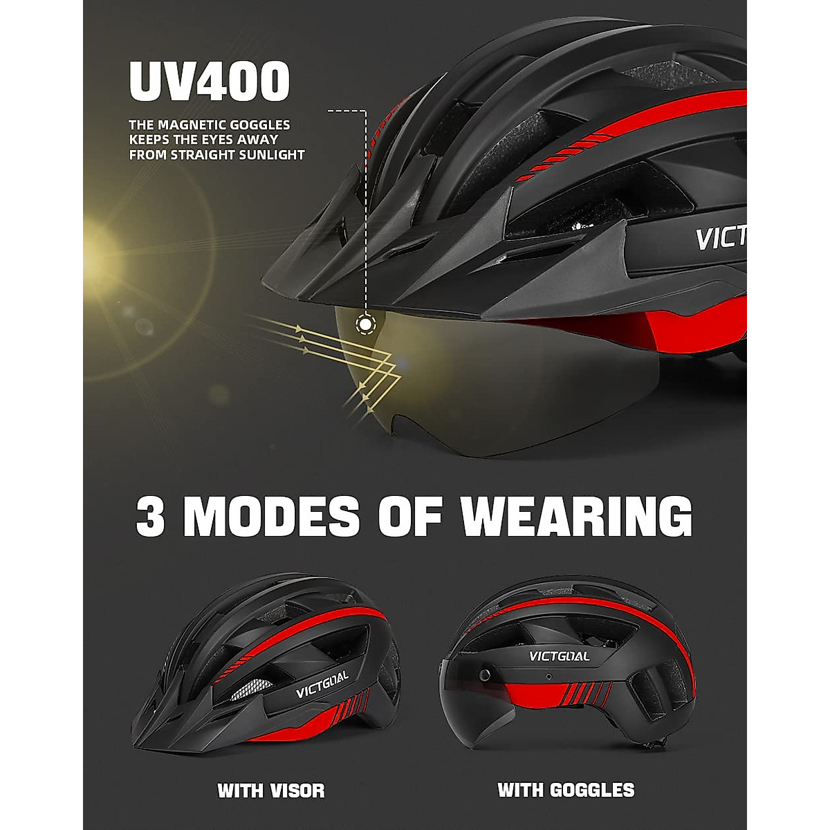VICTGOAL Bike Helmet for Men Women with Led Light Detachable Magnetic Goggles Removable Sun Visor Mountain & Road Bicycle Helmets Adjustable Size Adult Cycling Helmets (L: 57-61 cm, Black Red)