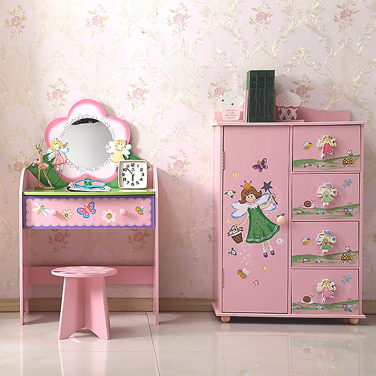 lukazoo Kids Vanity Set with Mirror and Stool, Beauty Makeup Vanity Table with Large Drawer and Chair Set for Toddlers and Kids, Wooden Girls Makeup Dressing Table