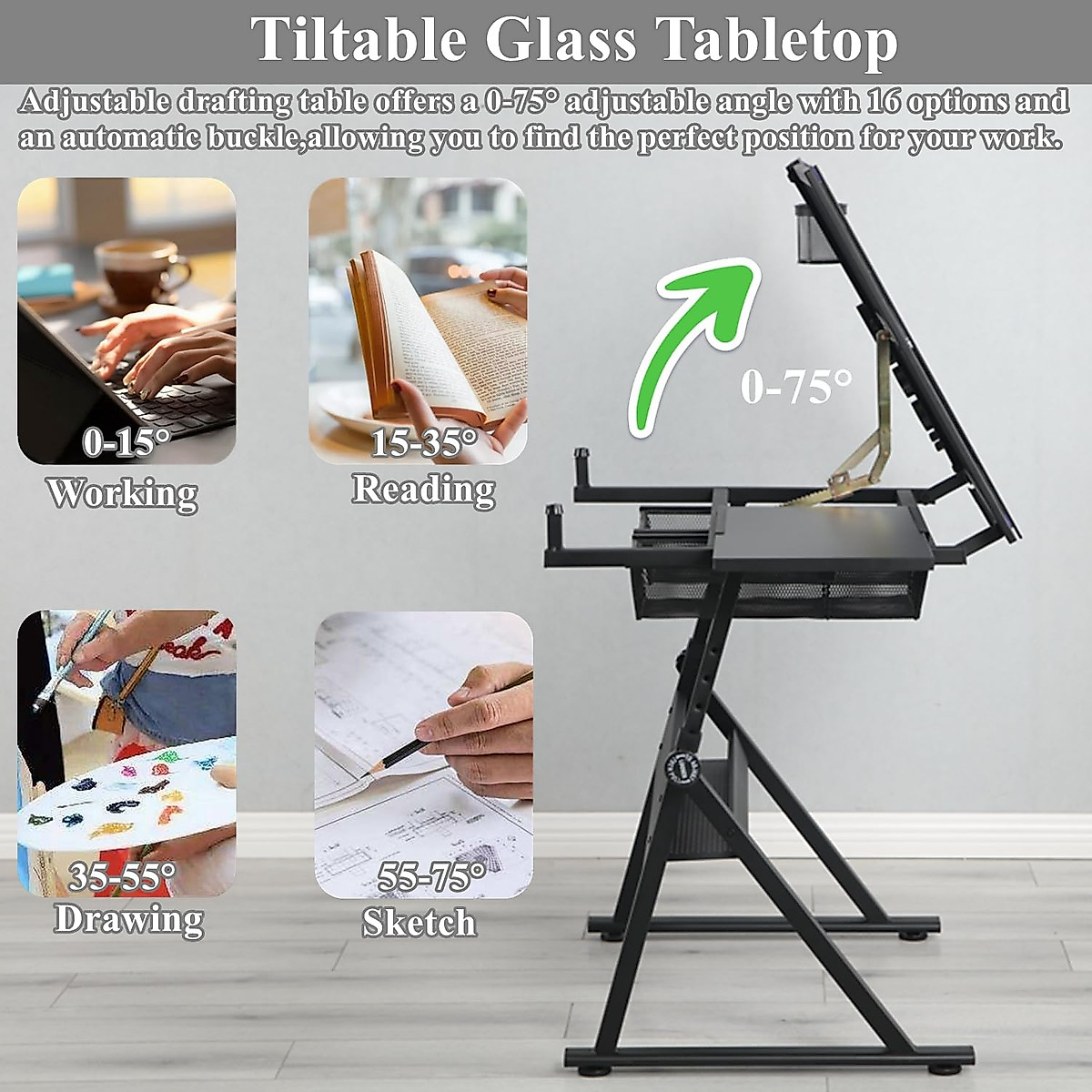 Gagawin Drafting Table with Stool, Height Adjustable Drawing Desk Tempered Glass Art Table Writing Desk with 0-75° Tilting Tabletop for Home Office, No.1-Black
