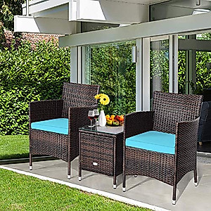 HAPPYGRILL 3-Pieces Patio Furniture Set Outdoor Rattan Wicker Conversation Set with Coffee Table Chairs & Cushions for Patio Garden Lawn Backyard Poolside