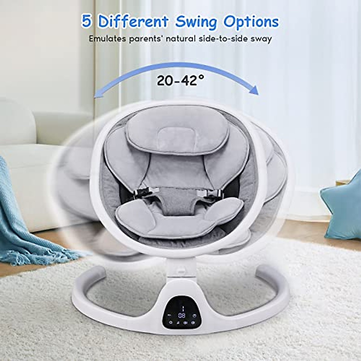 Baby Swings for Infants, Bluetooth Baby Bouncer with Built-in Lullabies and Timer Function, 5 Swing Options Baby Chair for Newborn Infants to Toddler 0-9 Months, 5-20 lbs