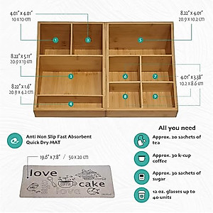 IMAJINAAR Large Capacity Coffee Pod Organizer for K Cups, Tea Bags & Snacks | Bamboo Coffee Station & Condiment Organizer with Spill-Resistant Mat (17.7''x11.8'')