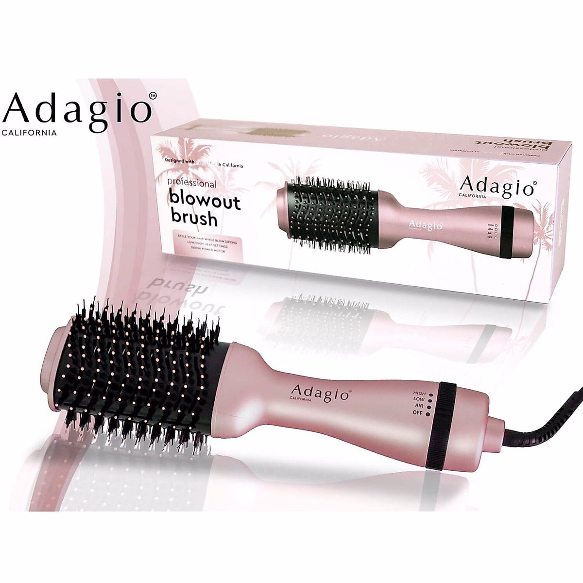 Adagio California Blowout Brush: 2-in-1 Hot Air Brush Styler and Dryer - Negative Ion Round Brush - Hair Dryer Brush with Straightener Function - Hair Styling Tools for Women… (3-inch, Rose Gold)