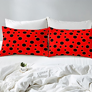 Castle Fairy Ladybug Sheet Set,Kids Red and Black Bed Sheets Set,Polka Dot Pattern Bedding Set for Boys Teens Sheets Soft Room Decor Twin Size(1 Flat Sheet+1 Fitted Sheet+1 Pillowcase)