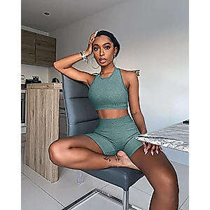 OYS Workout Sets for Women 2 Piece Outfits Seamless High Waisted Yoga Shorts Running Sports Bra Clothes Green