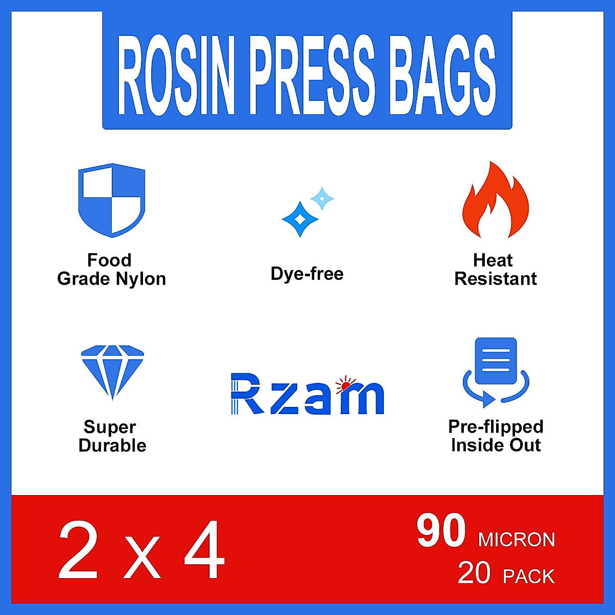 Rzam 37 Micron Rosin Press Bags | 2" x 4" | 20 Pack | Food Grade Nylon | Dye-free | Heat Resistant & Super Durable | Pre-flipped Rosin Bags | Micron Bags for Rosin Press