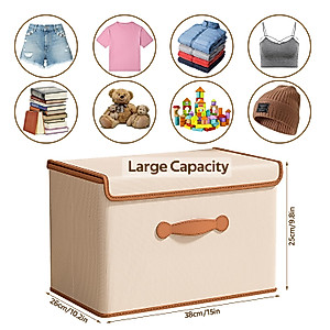 DOORSOUT Foldable Storage Boxes with Lids, Fabric Storage Box with Handles, Extra Large Storage Basket Bins For Wardrobe Clothes Toy 38 * 26 * 25cm (3Pack Beige)
