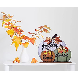 CYNOSA Fall Decorations for Home Blessed Grateful Thankful Sign Fall Decor Thanksgiving Decorations Wooden Pumpkin Tabletop Signs for Home Thanksgiving Farmhouse Living Room Harvest