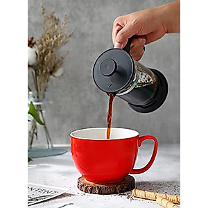 Cappuccino Cups, Red Porcelain Jumbo Coffee Mug Set of 4 Christmas Gift - 16 Ounce Cups with Handle for Hot or Cold Drinks like Cocoa, Milk, Tea or Water - Smooth Ceramic