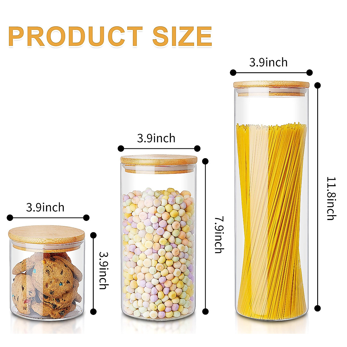 AIKWI Glass Food Storage Jars Set of 5, Airtight Glass Kitchen Canisters with Bamboo Lids, Clear Glass Canister Food Jar Kitchen Pantry Storage Container for Spaghetti, Beans, Cereal, Snacks and More