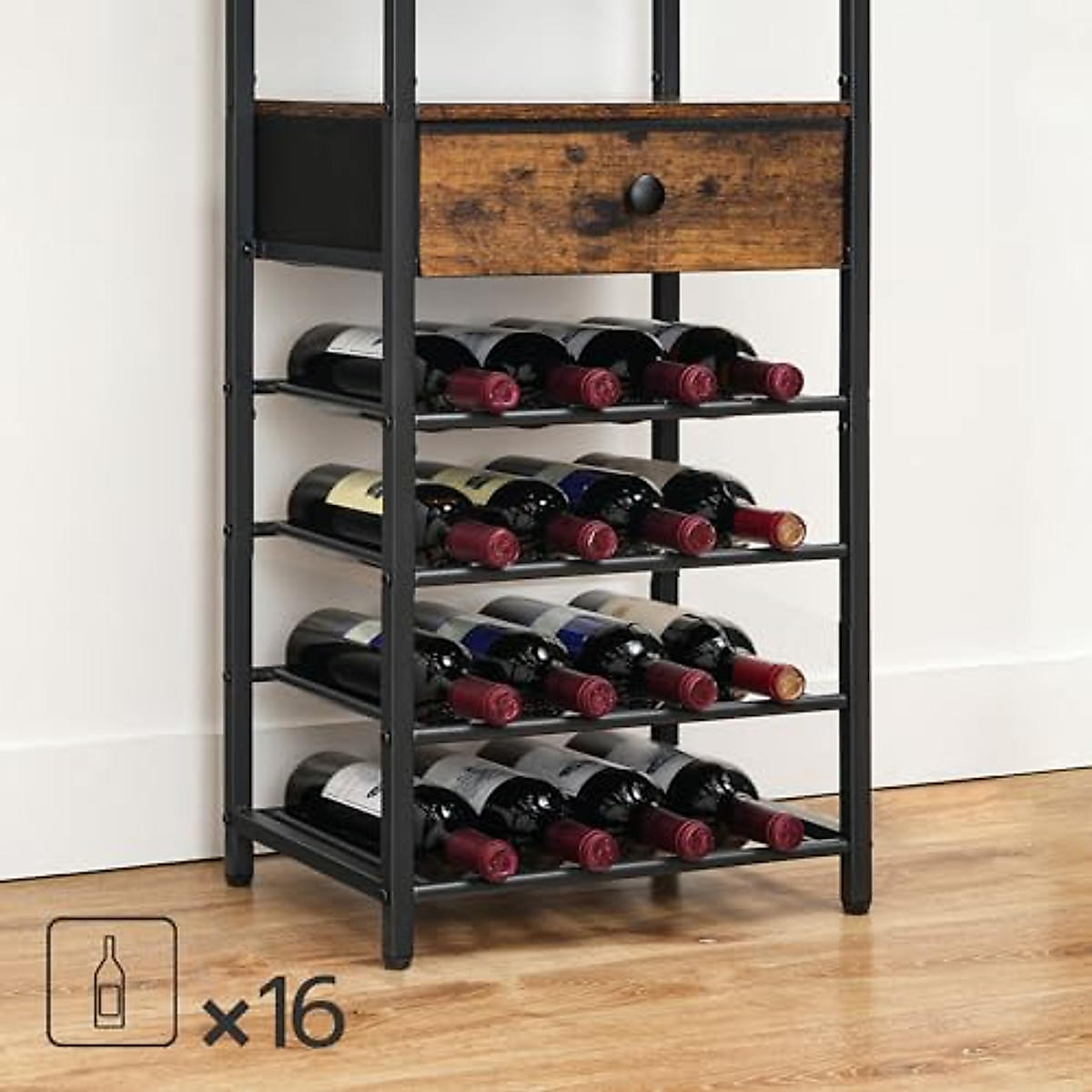 HOOBRO Wine Rack Freestanding Floor, 16-Bottle Wine Storage Rack with Non-Woven Fabric Drawer and Hooks, Wine Rack Table, Bar Cabinet for Kitchen, Dining Room, Bar, Rustic Brown and Black BF10JJ01