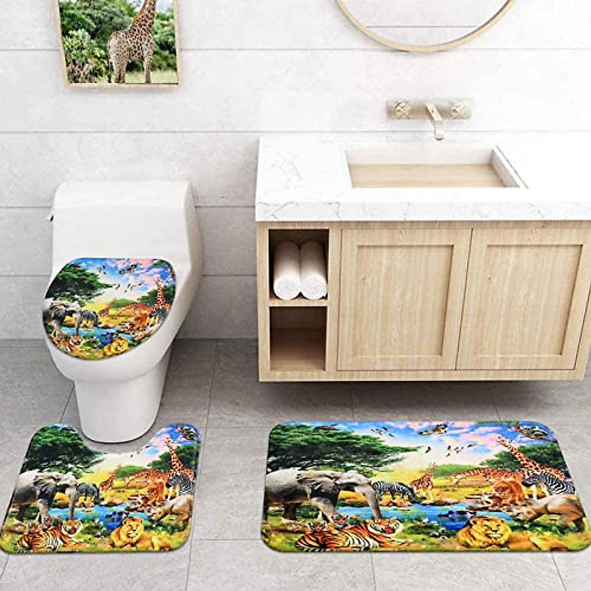 Funny Wild Animal Shower Curtain Sets with Memory Foam Bath Mat, Non-Slip Bath Rugs and Toilet Lid Cover, Kids Jungle Nature Shower Curtains for Bathroom with Hooks, Lion Tiger Elephant Bathroom Set