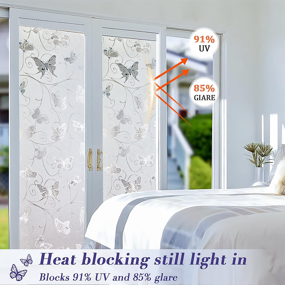 ColorfulHall Butterfly Frosted Glass Window Film Window Privacy Film,Bathroom Decor Privacy Window Film Day and Night Static Cling 90% UV Heat Blocking Window Clings(17.5X78.7 inch)