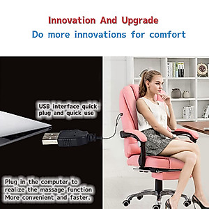 HQYXGS Massage Office Chair, Pink Gaming Chair for Adults Women Ergonomic Gaming Chair with Footrest Lumbar Support Pu Leather High Back Computer Chair Adjustable Back Recline Swivel 360°