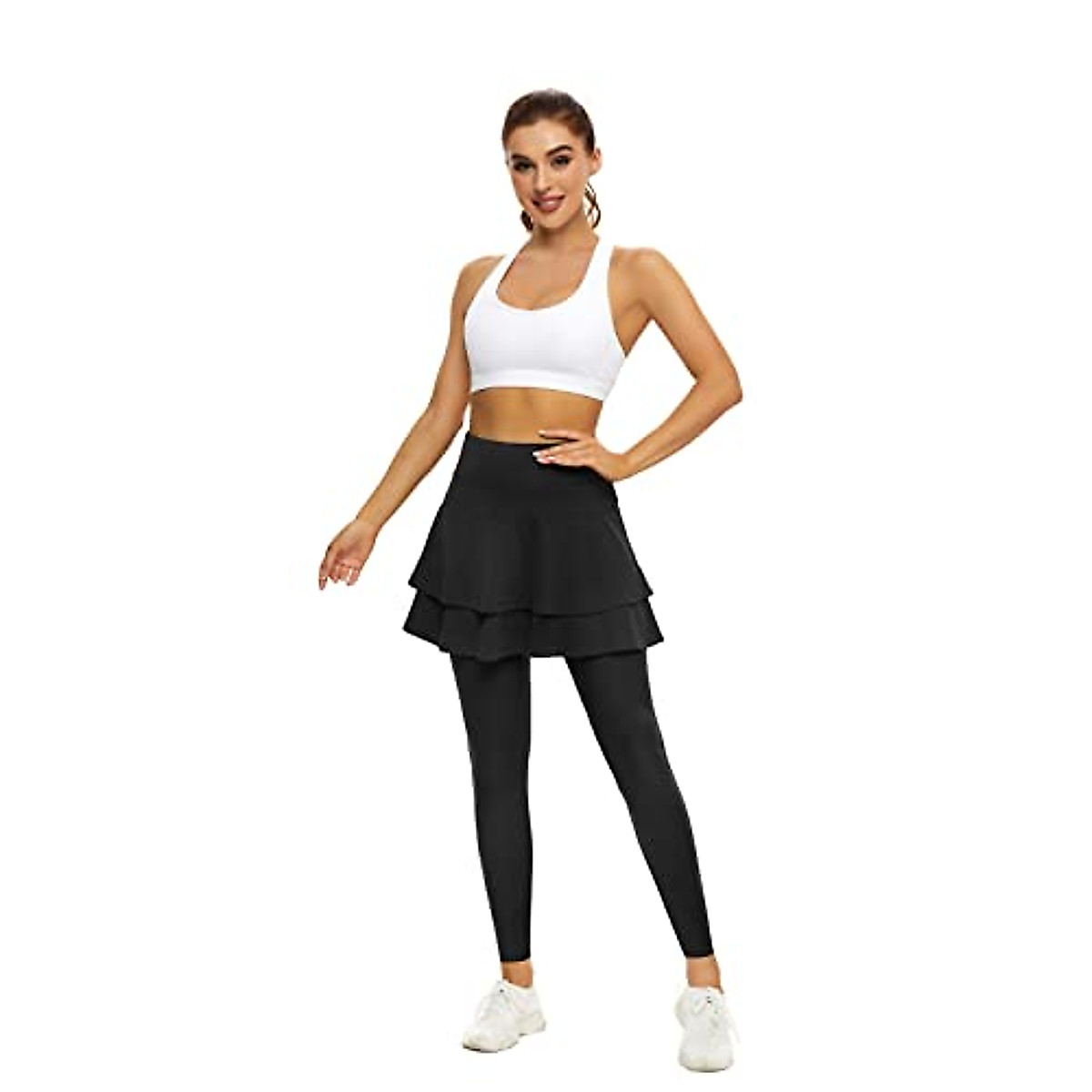 WOWENY Tennis Skirted Leggings with Pockets for Women Golf Skapri Leggings with Skirt (M, 2-Layer Black)