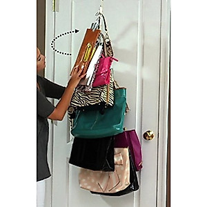 2-Pk Over Door Hanging Purse Storage - DURABLE, Holds 50 POUNDS, ROTATES 360 for easy access; Purses, Handbags, Satchels, Crossovers, Backpacks,12 Hooks, Chrome (Set of 2)