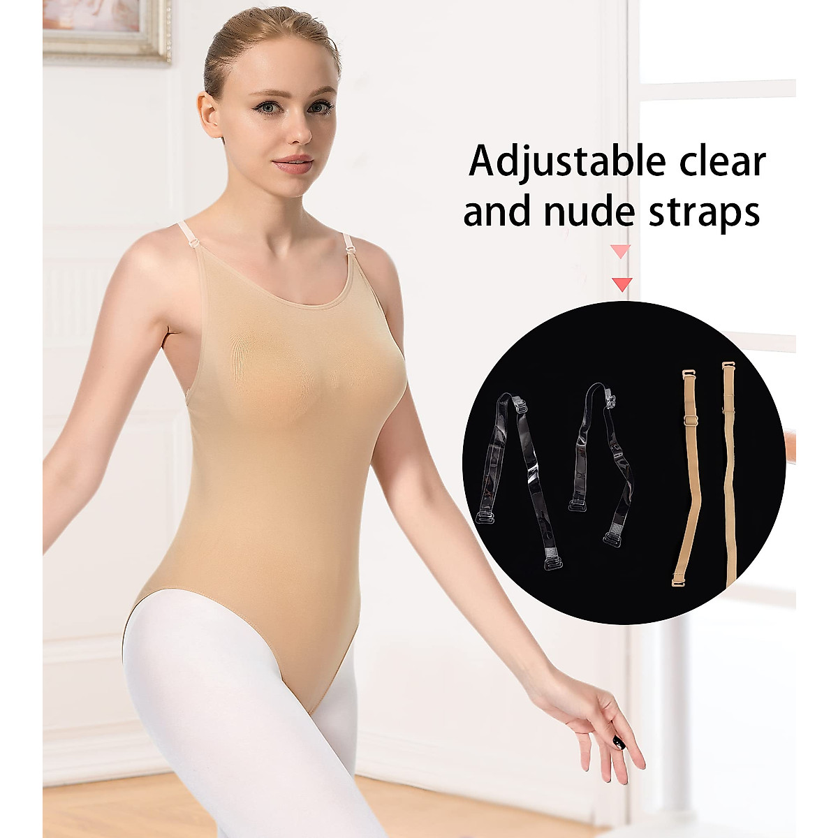 QZSH Women and Girls Camisole Dance Leotard Ballet Seamless Beige Undergarments Dancewear with Adjustable Straps,for Adult Large/X-Large(8A15)