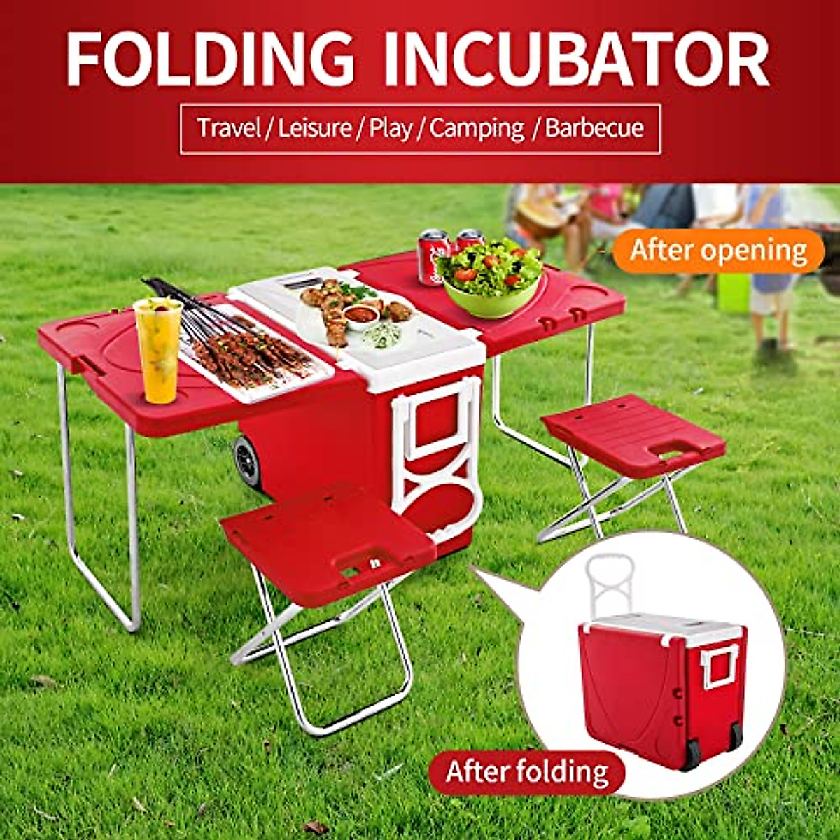 UNICOO - Multi-Function Rolling Cooler Picnic Camping Outdoor W/Table & 2 Chairs, Outdoor Picnic Foldable Upgraded Stool, Heat Insulation Box (Red)