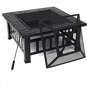 Anraja Fire Pit 32'' Wood Burning Firepit Metal Square Outdoor Fire Tables Steel BBQ Grill Fire Pit Bowl with Spark Screen Cover, Poker Log Grate for Patio Bonfire Camping Backyard Garden Picnic