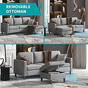 BALUS Convertible Sectional Sofa Couch, 3-Seat L-Shaped, Free-Form with Movable Storage Ottoman, Modern Design for Living Room and Office Spaces, Comfortable and Versatile（Light Gray）