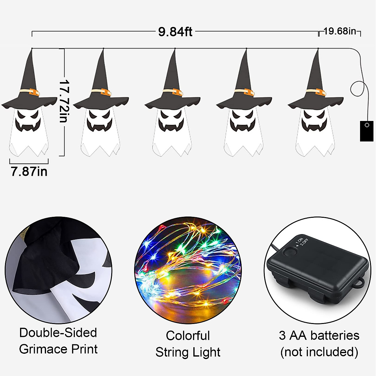 Halloween Decorations Outdoor,Hanging Glowing Ghost Witch Hat with String Lights,Scary Halloween Tree Decorations Ornaments for Indoor Outside Home Window Porch Garden Yard Party Decor