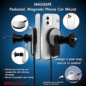 MAGNETIC LINK Car Mount, Compatible with MagSafe Cases and MagSafe Wireless Charger for iPhone 15, 14, 13, 12 series, Hands Free Cell Phone Holder with Secure Vent Clip - Graphite