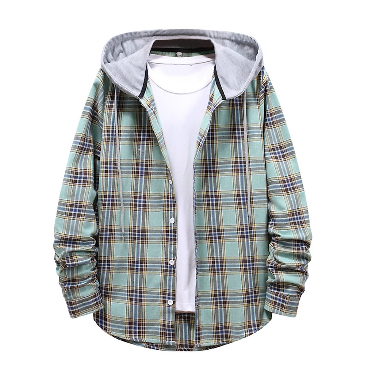 Mens Hooded Flannel Plaid Button Shirt Lightweight Long Sleeve Shirt Jackets with Hood A0810