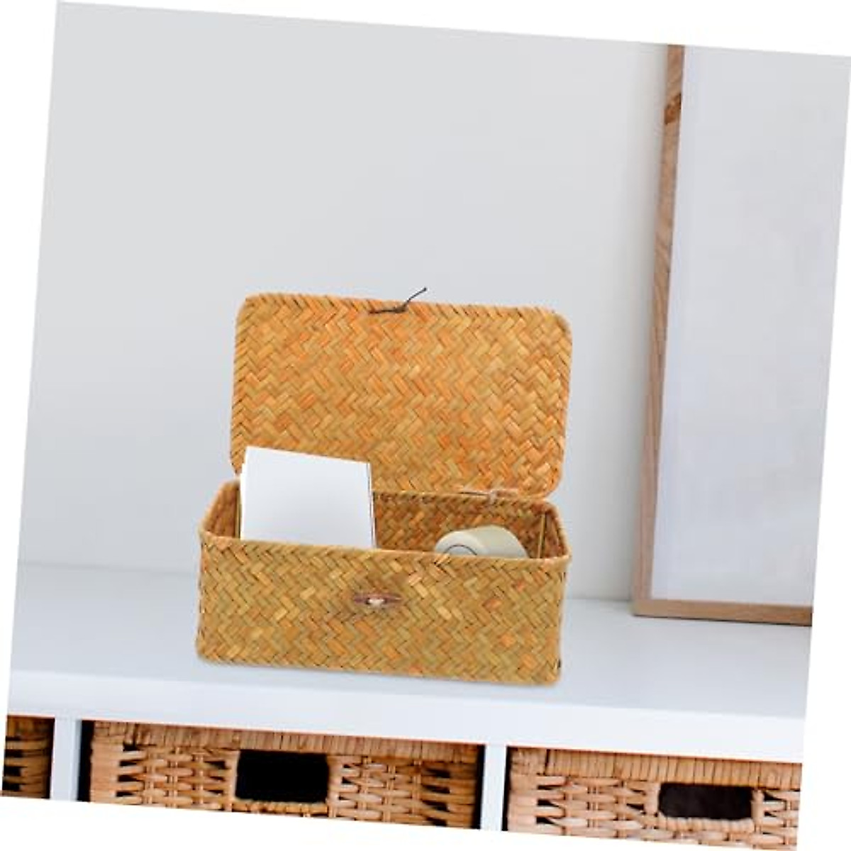 Ipetboom Desktop Stand Woven Baskets 1 Woven Basket Straw Basket with Lid Basket Box Rattan Desktop Clothes Sundries Storage Box for Home Decor (S) Storage Drawers Small Basket