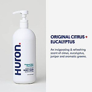 Huron Men's Moisturizing Body Wash - Crisp & Invigorating Scent of Citrus, Eucalyptus, Mint, & Aromatic Greens - Made With Coconut Oil, Vitamin E & Witch Hazel - 32 fl oz