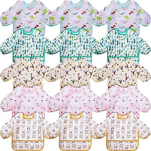 Tarpop 15 Pcs Long Sleeve Baby Bibs for Eating, Fabric Waterproof Sleeved Bib Full Coverage Toddler Bib Baby Smock with Large Pocket Soft Shirt Bibs for Babies Feeding, Fits Ages 6-24 Months