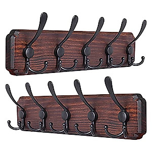 Coat Rack Wall Mount - 5 Double Metal Coat Rack Hooks Set of 2, Wall Mounted Coat Rack Heavy Duty Set 2, Rustic Wooden, Coat Hat Key for Entryway, Closet Room, Bathroom, Bedroom (Brown)