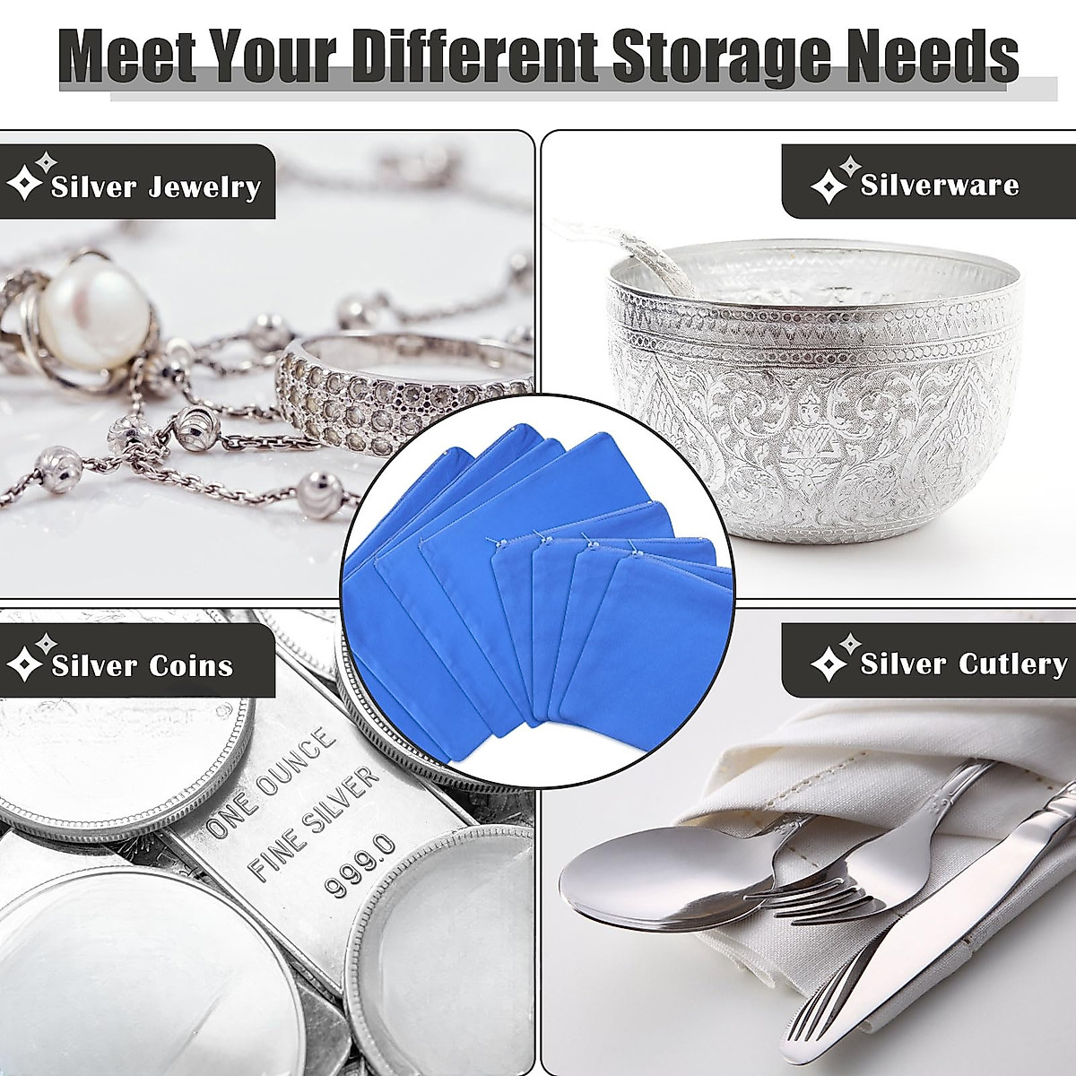 Fumete 8 Pcs Silver Storage Bags Anti Tarnish Zippered Jewelry Keeper 6x6 9x12 15x15 in Silver Pouches for Silverware Silver Jewelry (Black)