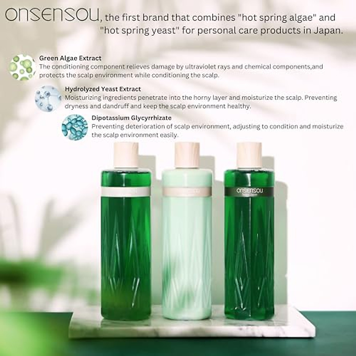 ONSENSOU Hot Spring Yeast & Green Algae Extract Shampoo, Rich & Luxurious Lather for Scalp & Hair Care, Moisturizing & Nourishing, Sulfate-Free, Organic & Skin-Friendly Formula, Mild, 10.1 fl oz