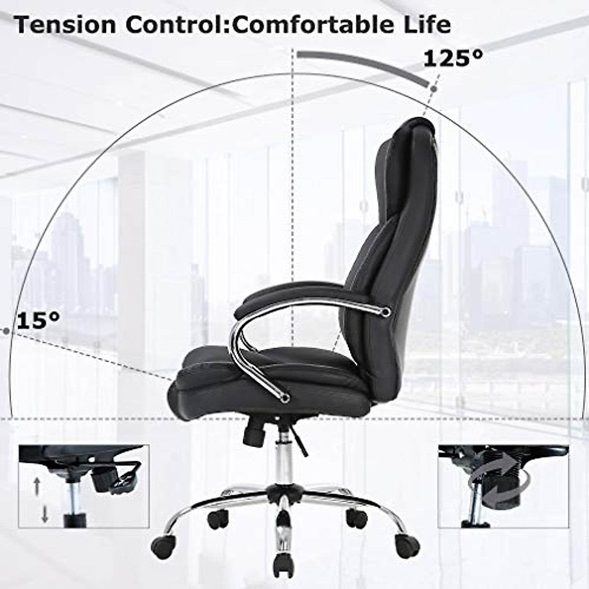 Ergonomic Office Chair Desk Chair PU Leather Computer Chair Executive Adjustable High Back PU Leather Task Rolling Swivel Chair with Lumbar Support (Black)