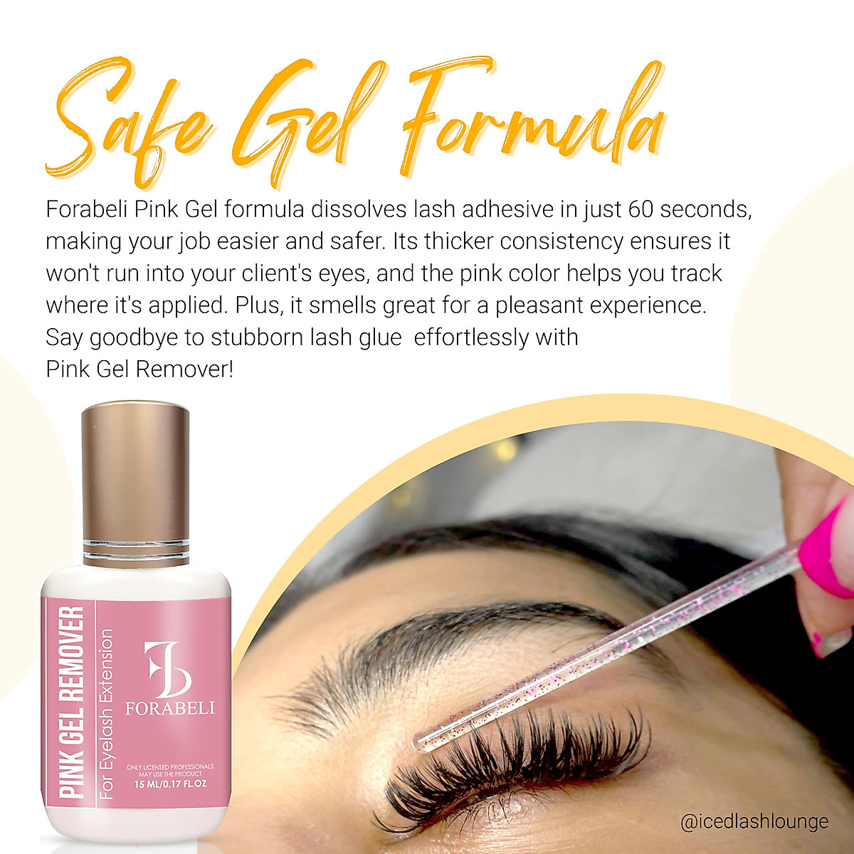 Forabeli Pink Gel Lash Remover for Eyelash Extensions, 15ml, Safe and Gentle Formula, Easy to Apply, Versatile and Efficient