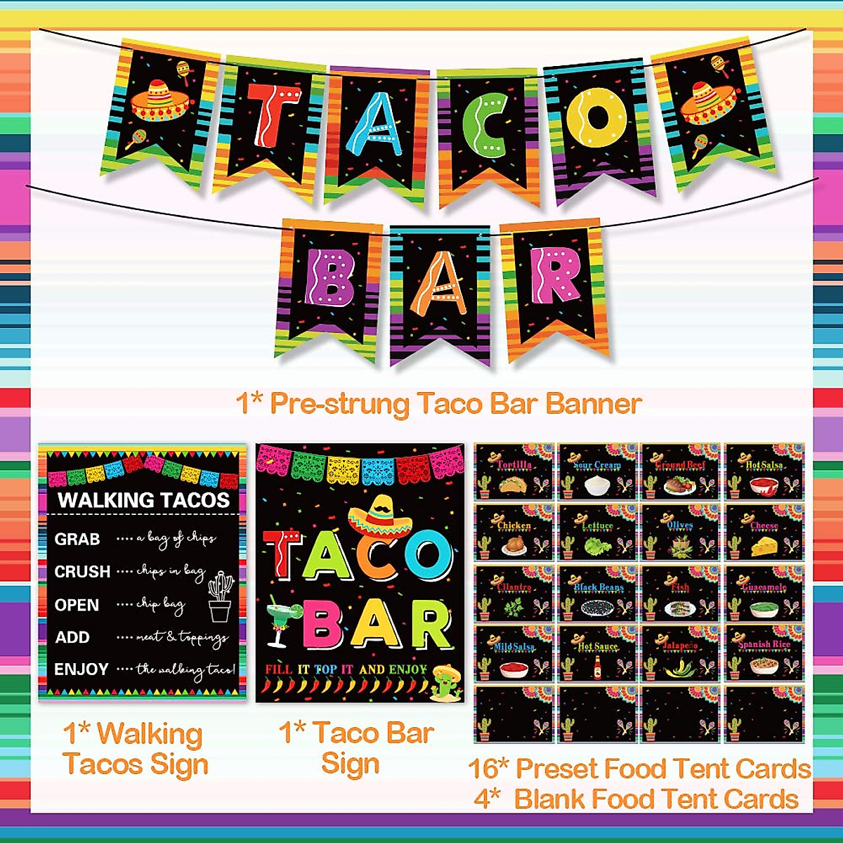 Taco Bar Decoration Kit, Mexican Fiesta Party Decorations Taco Bar Banner Sign Tent Garland for Cinco De Mayo Fiesta Mexican Theme Party Bachelorette Bridal Shower Wedding Birthday Taco Party Supplies