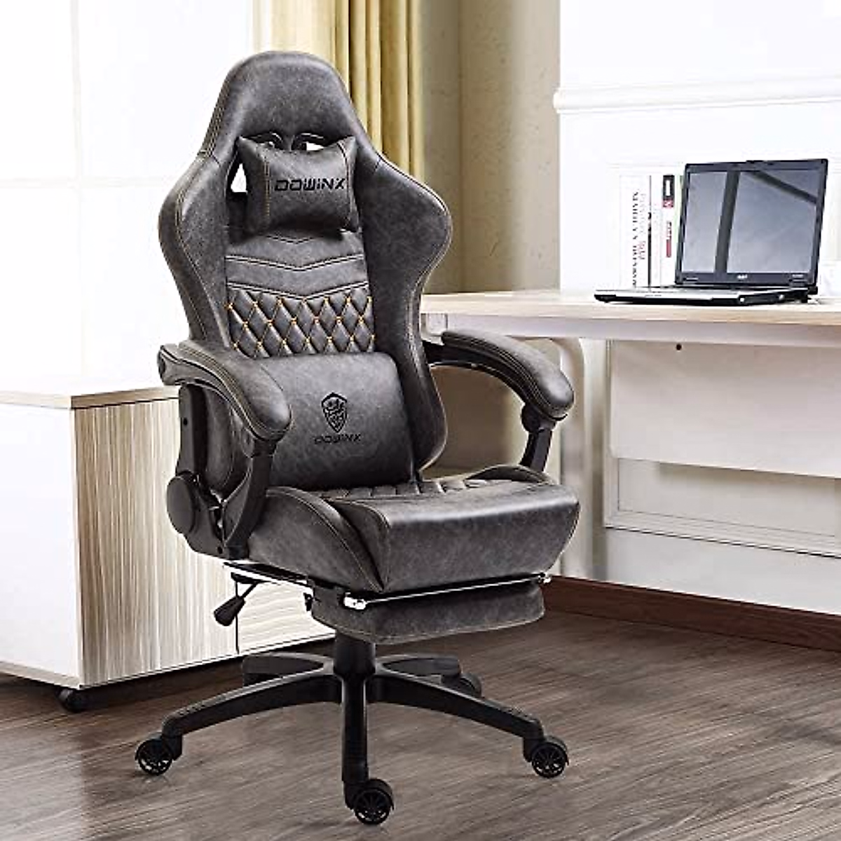 Dowinx Gaming Chair Office Chair PC Chair with Massage Lumbar Support, Vintage Style PU Leather High Back Adjustable Swivel Task Chair with Footrest (Light Grey)