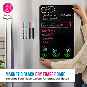 Magnetic Black Dry Erase Board for Fridge: with Bright Neon Chalk Markers - 12x8" - 4 Liquid Blackboard Markers with Magnet - Small Whiteboard Chalkboard for White Refrigerator