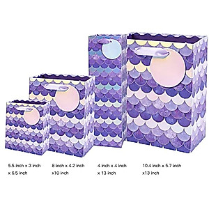 MAYPLUSS Gift Bags Set - 4 Pack - Purple & Silver Fish Scales With Purple Tissue Paper for Mermaid Party, Birthday, Wedding and more