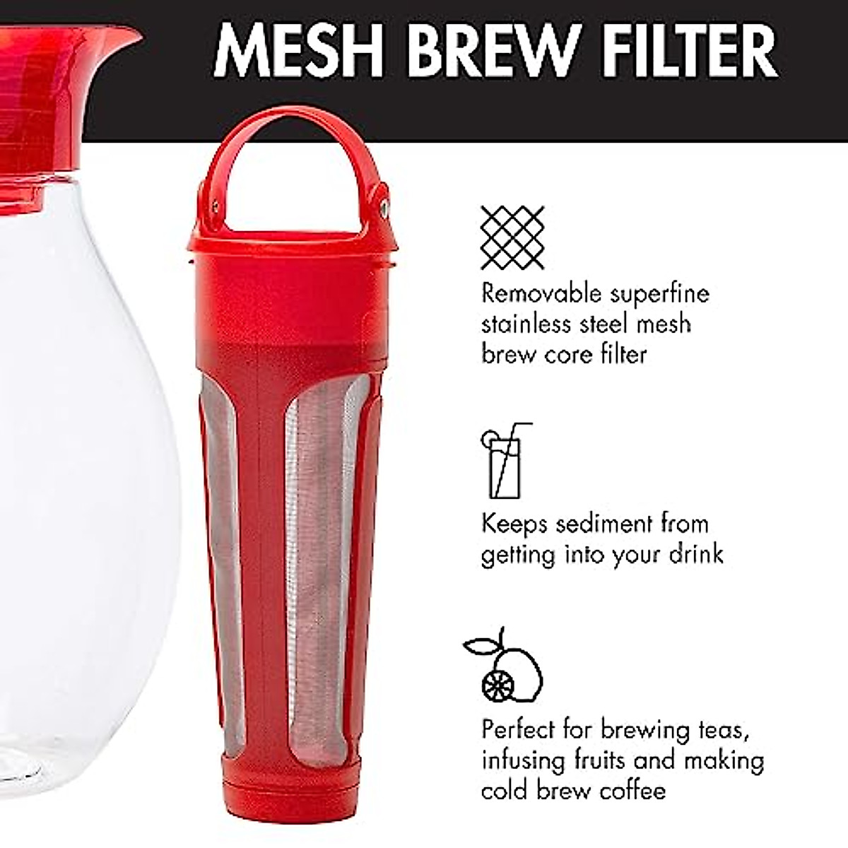 Primula The Big Iced Tea Maker Tritan Plastic Infusion Beverage Pitcher with Leak Proof, Airtight Lid, Fine Mesh Resuable Filter, Manufactured without PFOA, Dishwasher Safe, 1-Gallon, Red