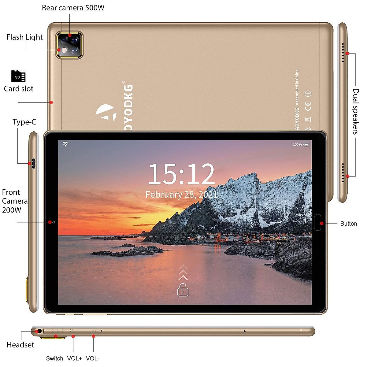 2023 Newest Tablet with Keyboard 10 Inch, Android Tablet Newest Octa-core Processor, 64GB ROM + 4GB RAM Storage, 256GB Expandable, 2 in 1 Tablet with Dual WiFi network, 1920x1200 HD Display -Gold
