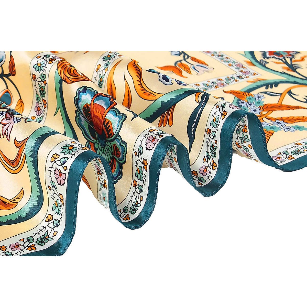 Grace Scarves 100% Silk Scarf, Extra-Large, Beanstalk, Creme with Teal Trim