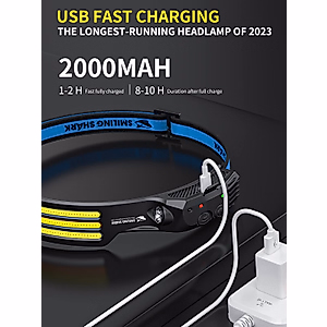 Smiling Shark LED Headlamp, 230°Wide Angle 3*White Light 2 Pack The Brightest Head Lamp Rechargeable Motion Sensor Waterproof Headlight for Camping Hiking Outdoor, Head-Lamp-LED-Frontale-Light