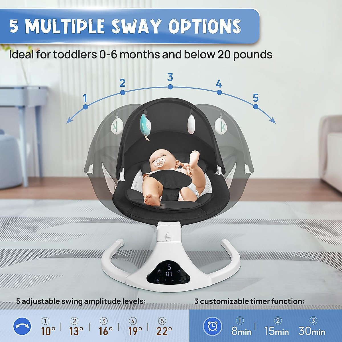 Baby Swing for Infants | Electric Bouncer for Babies,Portable Swing for Baby Boy Girl,Baby Rocking Seat with Remote Control Indoor Baby Rocker with 5 Sway Speeds,12 Music and Bluetooth,Black